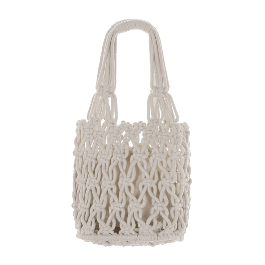 JBRUN Women's Bucket Drawstring Handbag Fishing Net Shoulder Bag Straw Weave Handbag Summer Beach Bags Hobo Bag (A-White)