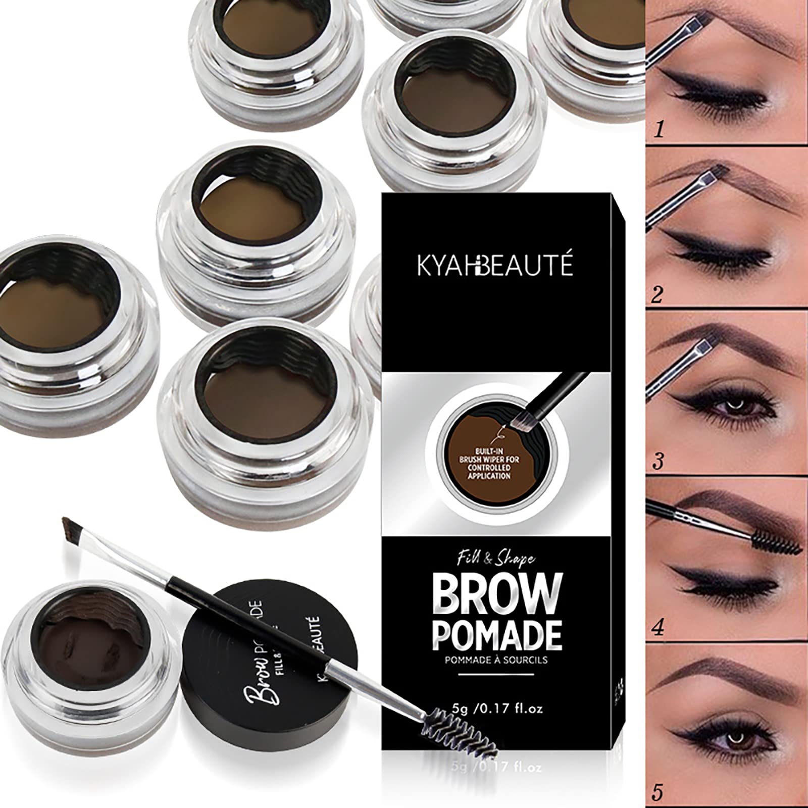 Fill and Frame Eyebrow Pomade Kit, Long Lasting and Waterproof Eyebrow Gel Makeup Set with Dual-ended Brush and Brow Trimmer, Tinted Eyebrow Cream for Delicate and Smooth Brow, 5g/0.17oz (Ebony)