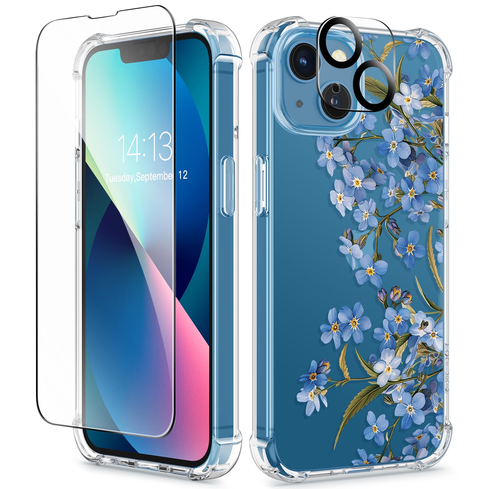 GVIEWIN Designed for iPhone 13 Case 6.1 Inch, with Tempered Glass Screen Protector + Camera Lens Protector Clear Flower Soft & Flexible Shockproof Floral Women Phone Cover (Heart/Pink)