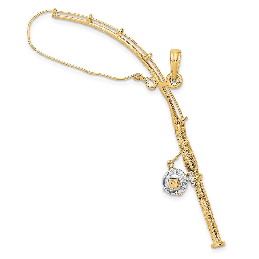 FB Jewels 14k White and Yellow Two Tone Gold 3D Fishing Pole with white Reel Moveable Pendant