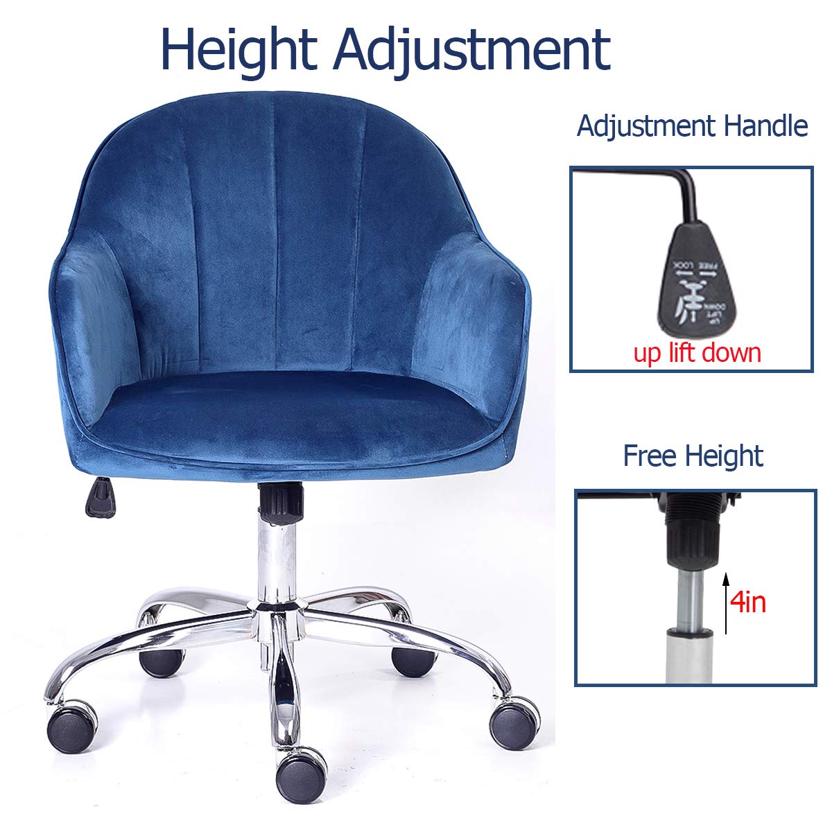FCQuality Home Office Chairs Velvet Swivel Desk Chair Height Adjustable Computer Task Chair with Strong Metal Base for Study/Living Room/Bedroom (Navy Blue)