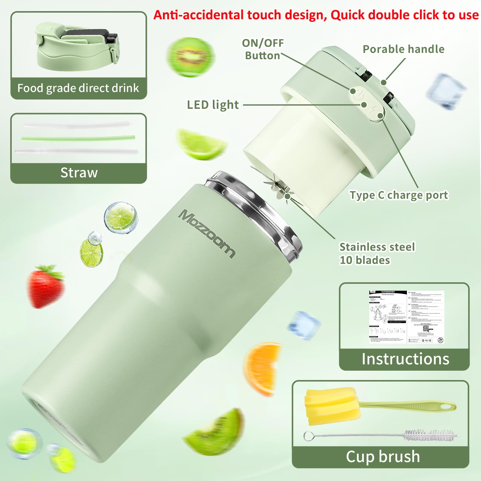 Portable Blender for Smoothies and Shakes,Personal Blender, 15 oz Vacuum Insulated Stainless Steel Keep Cold or Hot,BPA Free,USB Rechargeable,Travel Blender for Anywhere,Green(1 Pack)