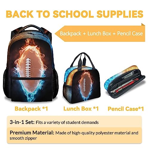 XaocNyx Football Backpack with Lunch Box and Pencil Case Set, 3 in 1 Matching Boys Black Backpacks Combo, Cool Bookbag and Pencil Case Bundle