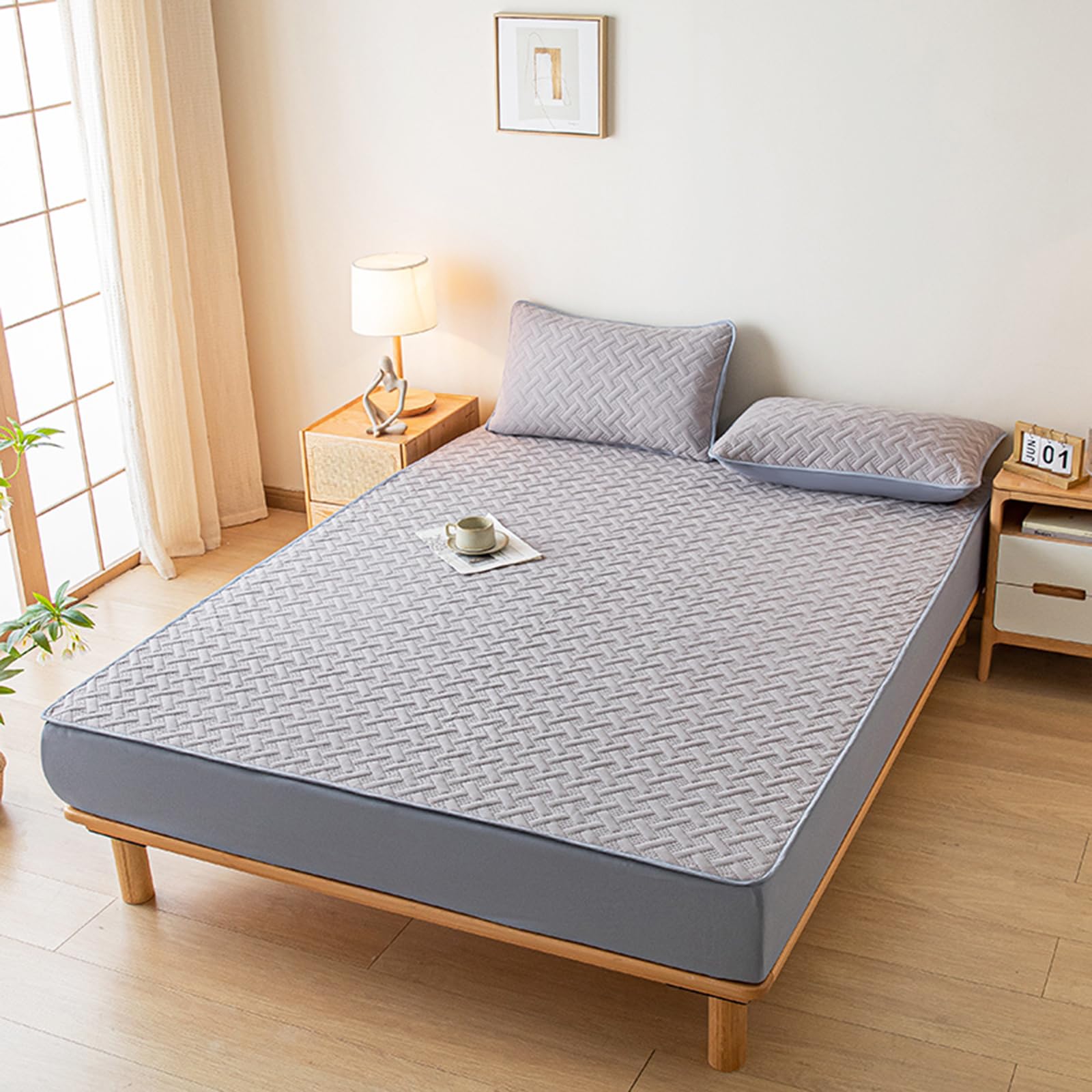 Quilted Mattress Pad,Cotton Fitted Sheet Mattress Protector - Deep Pocket Mattress Cover Mattress Topper(Not Include Pillowcases) (Gray, King)
