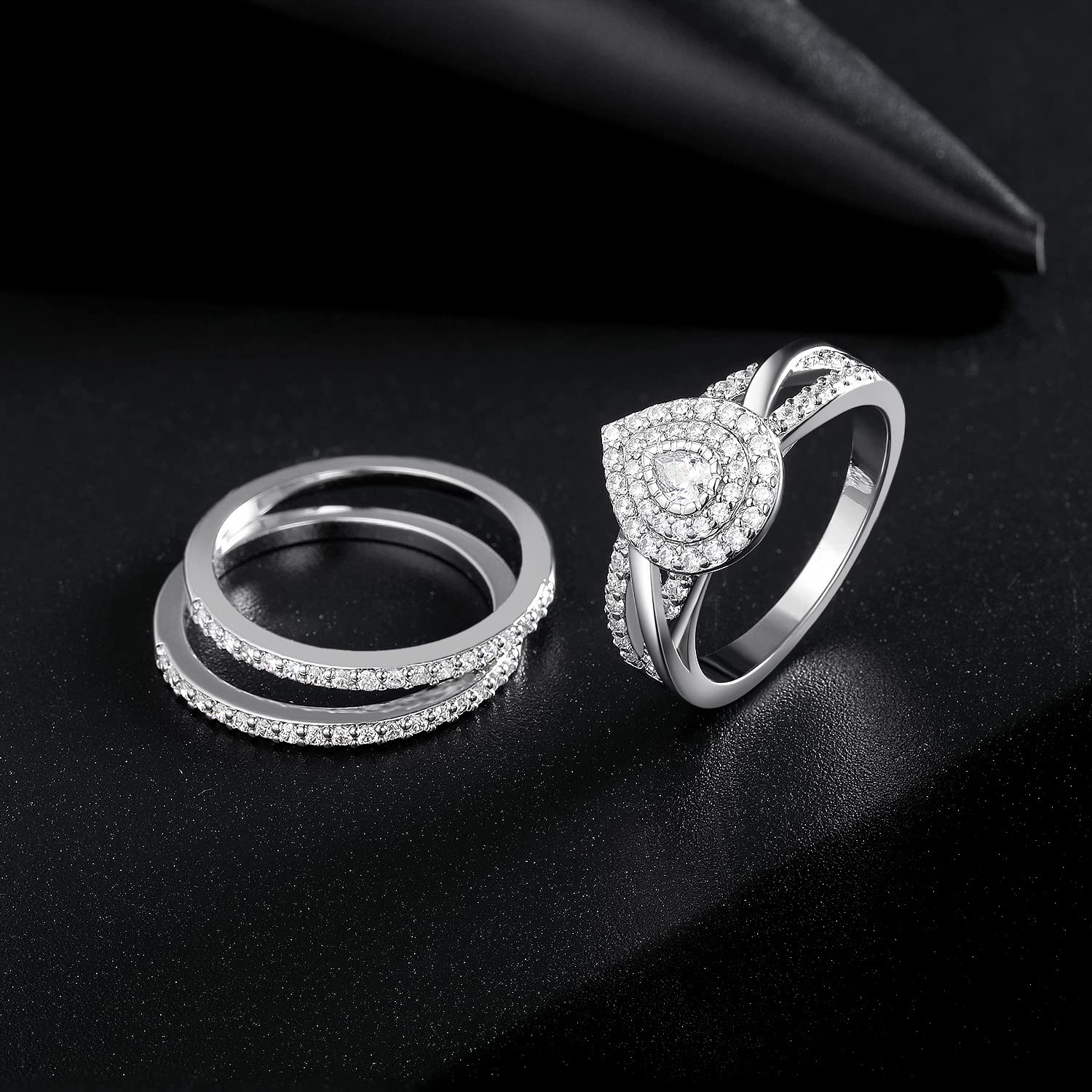 MDFUN Stackable Rings for Women 18K White Gold Plated Three-in-One Teardrop Mini Halo CZ Wedding Engagement Promise Eternity Band (7)
