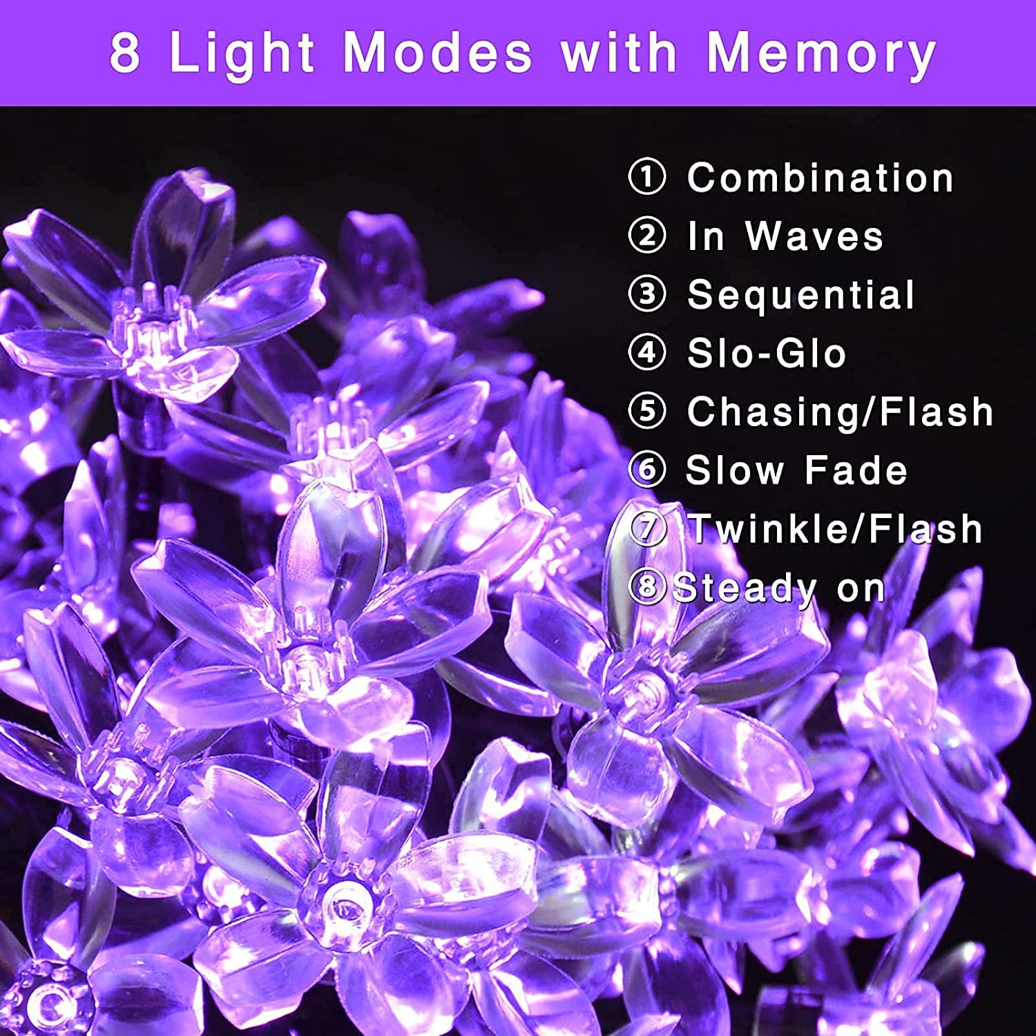 Flower String Lights, Christmas Lights 33 Ft 100 LEDs, 8 Modes Fairy String Lights with Tail Plug Connectable Cherry Blossom Lights for Christmas, Wedding, Party, Tree, Patio, Garden Decor (Purple)