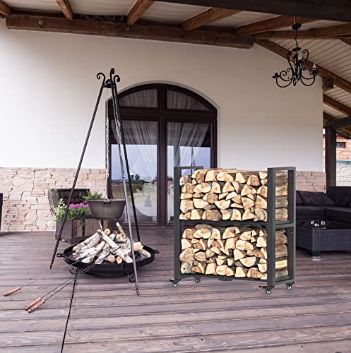 Luffioner 2 Tiers Rolling Firewood Rack,Foldable Firewood Log Storage Rack Holder with Wheels Fireside Log Rack for Indoor Fireplace or Outdoor,31"X25"x12"