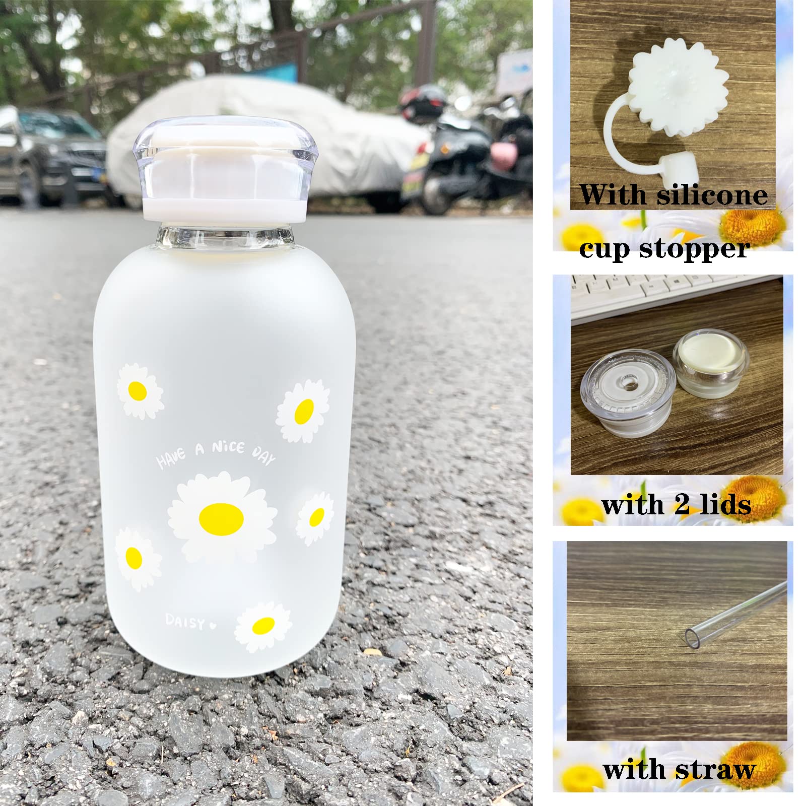 JZSMY 480ml Milk Juice Cute Water Bottle with Scale 2 Lids Little daisy Matte Portable Transparent Water Cup Glass Bottles Creative Handy Cup with Straw and Straw Plug (Transparent 6 flowers)