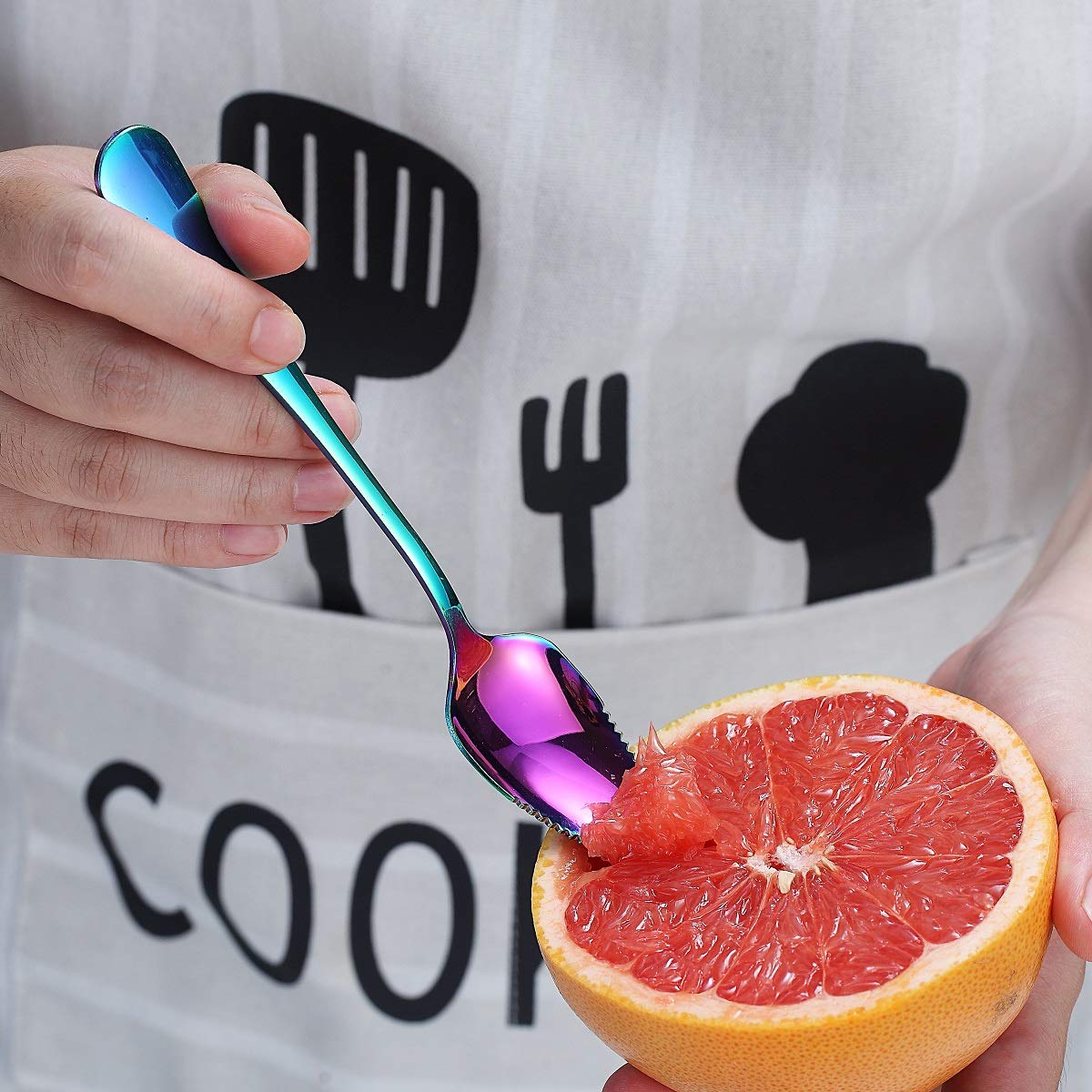 HOMQUEN Rainbow Grapefruit Spoons 3 Pieces Set, 2 Stainless Steel Grapefruit Spoon and 1 Grapefruit Knife with Titanium Plating, Grapefruit Utensil Set, Serrated Edges Spoon Pack of 3 (Rainbow)