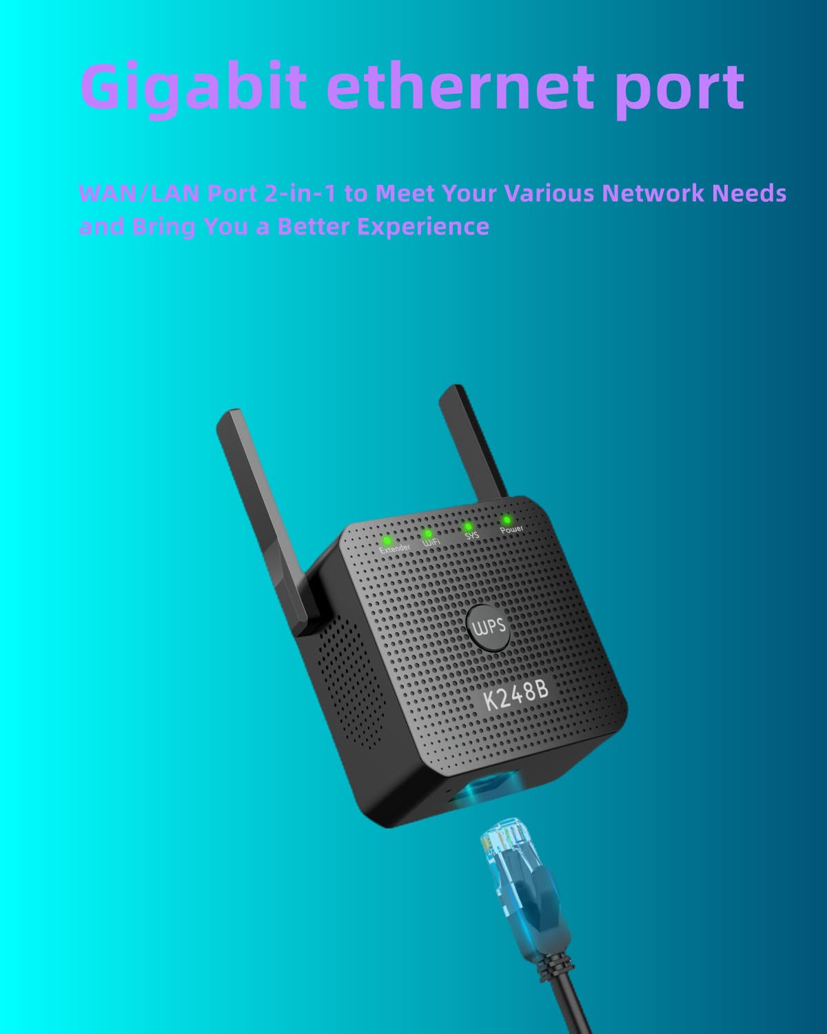 K248B WiFi Extender Signal Booster - 2023 Release - Covers Up to 9680 Sq.ft and 45 Devices, Internet Range Repeater and Signal Amplifier with 5 Modes & Ethernet Port for Smart Home Devices, Easy Setup