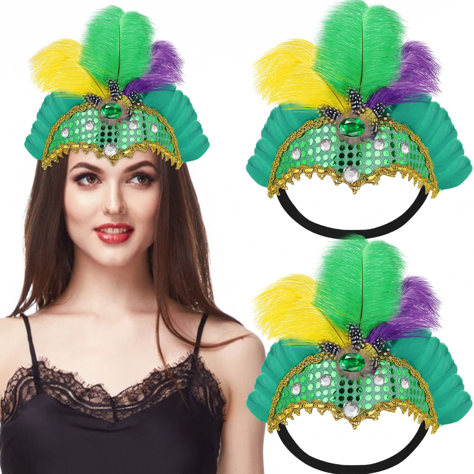 Jutom 2 Pcs Mardi Gras Feather Headband Headpiece Carnival Showgirl Masquerade Feather Headdress for Women (Multicolor)