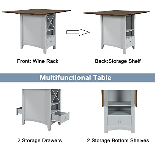 XD Designs Farmhouse 5-Piece Counter Height Dining Table Set, Soild Wood Drop Leaf Kitchen with Wine Rack & Drawers, 4 Chairs Ladder Full Back, Space-Saving (Cherry+Gray)