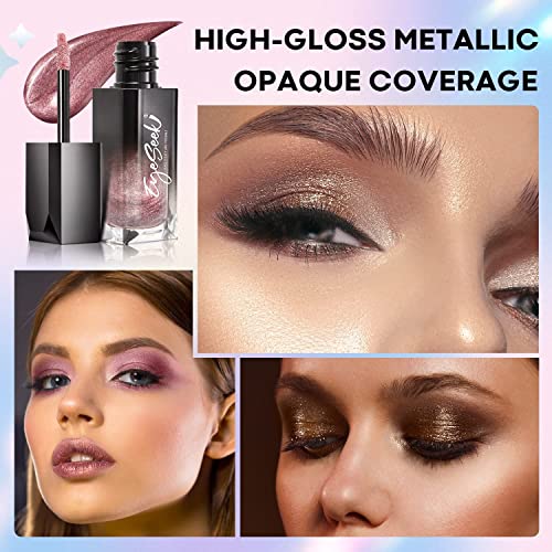 EYESEEK Liquid Eyeshadow Metallic Brown Eye Makeup Set, Brilliant Cream Gel Highlighter Shimmer Glitter Shadow Champagne Blush Brightener Eyeliner, Rose Gold Eyes Liner Make Up Kit Holographic Sets