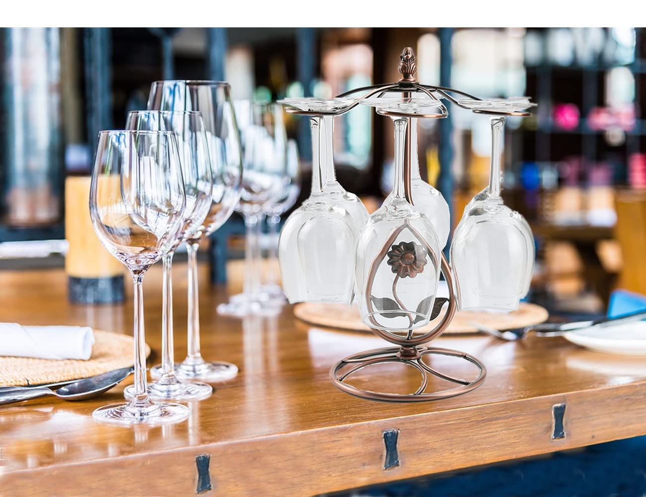 Homya Wine Glass Holder, Elegant Freestanding Table Top Goblet Storage/Wine Glass Holder with 6 Hooks Kitchen Glass Accessories for Home Bar, Bronze