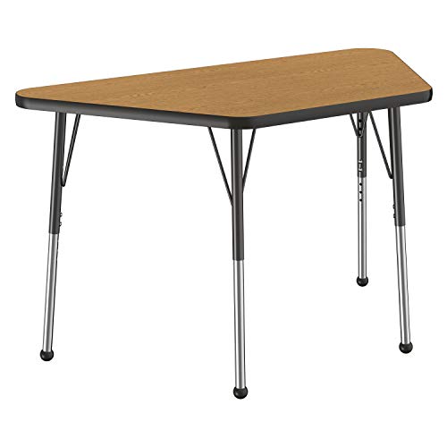 FDP Trapezoid Activity School and Office Table (24 x 48 inch), Standard Legs with Ball Glides for Collaborative Seating Environments, Adjustable Height 19-30 inches - Oak Top and Black Edge
