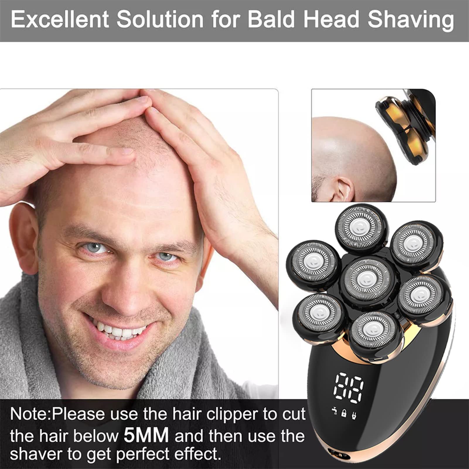 LXosff Electric Head Shaver for Bald Men, 5-in-1 Men's Electric Rotary Razor with 7D Floating Head, 100% Washable Wet & Dry Shaving with Grooming Kit, LED Display, USB Rechargeable Type-C Adapter.