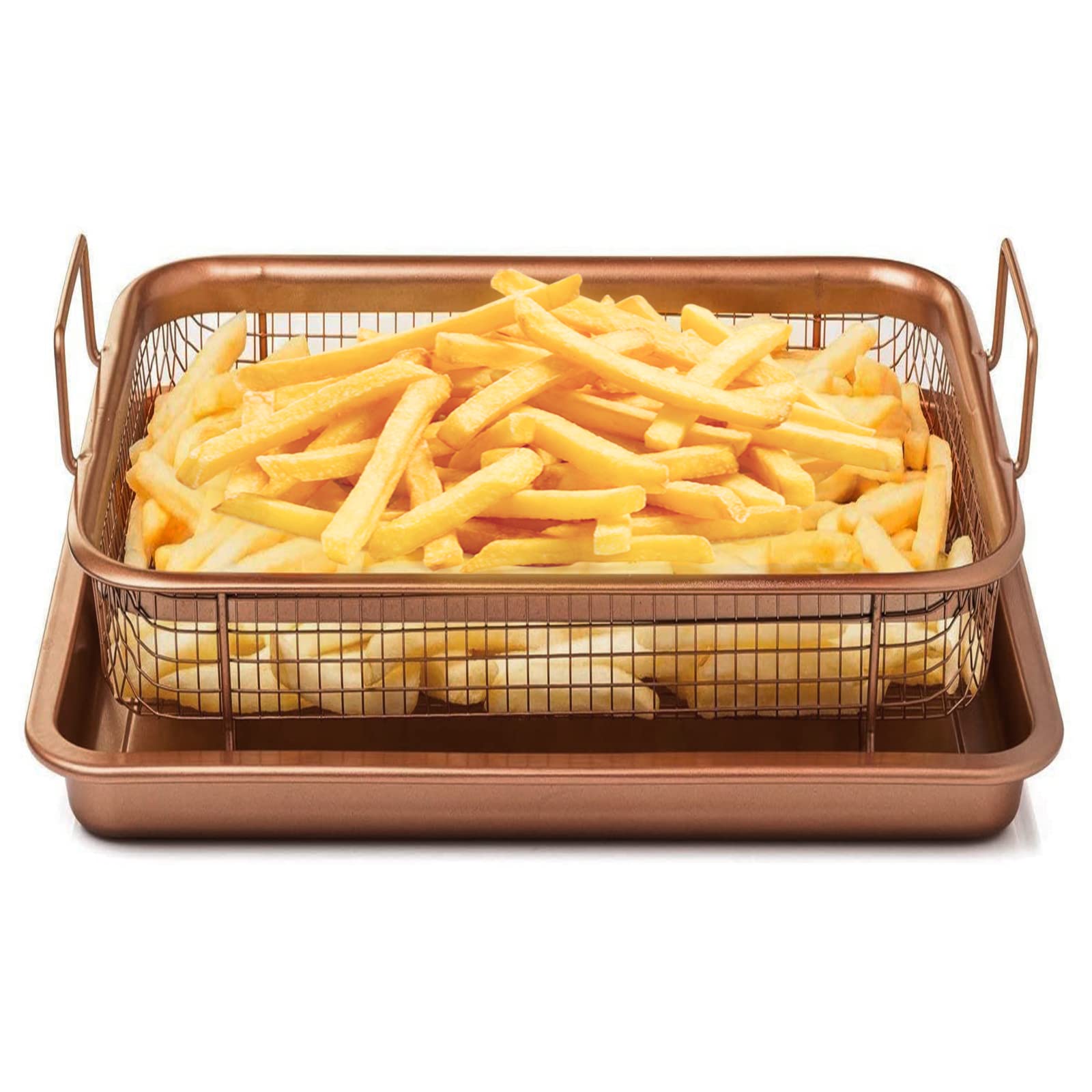 GWONGBAY 2-Piece Copper Crisper Tray,13"L x9" W Oven Pan,Copper Chef,Oven Air Fryer Tray & Mesh Basket Set,Air Fryer Pan,Microwave Bacon Tray,Broiler Pan for Oven,Baking Set Kitchen Supplies -Copper