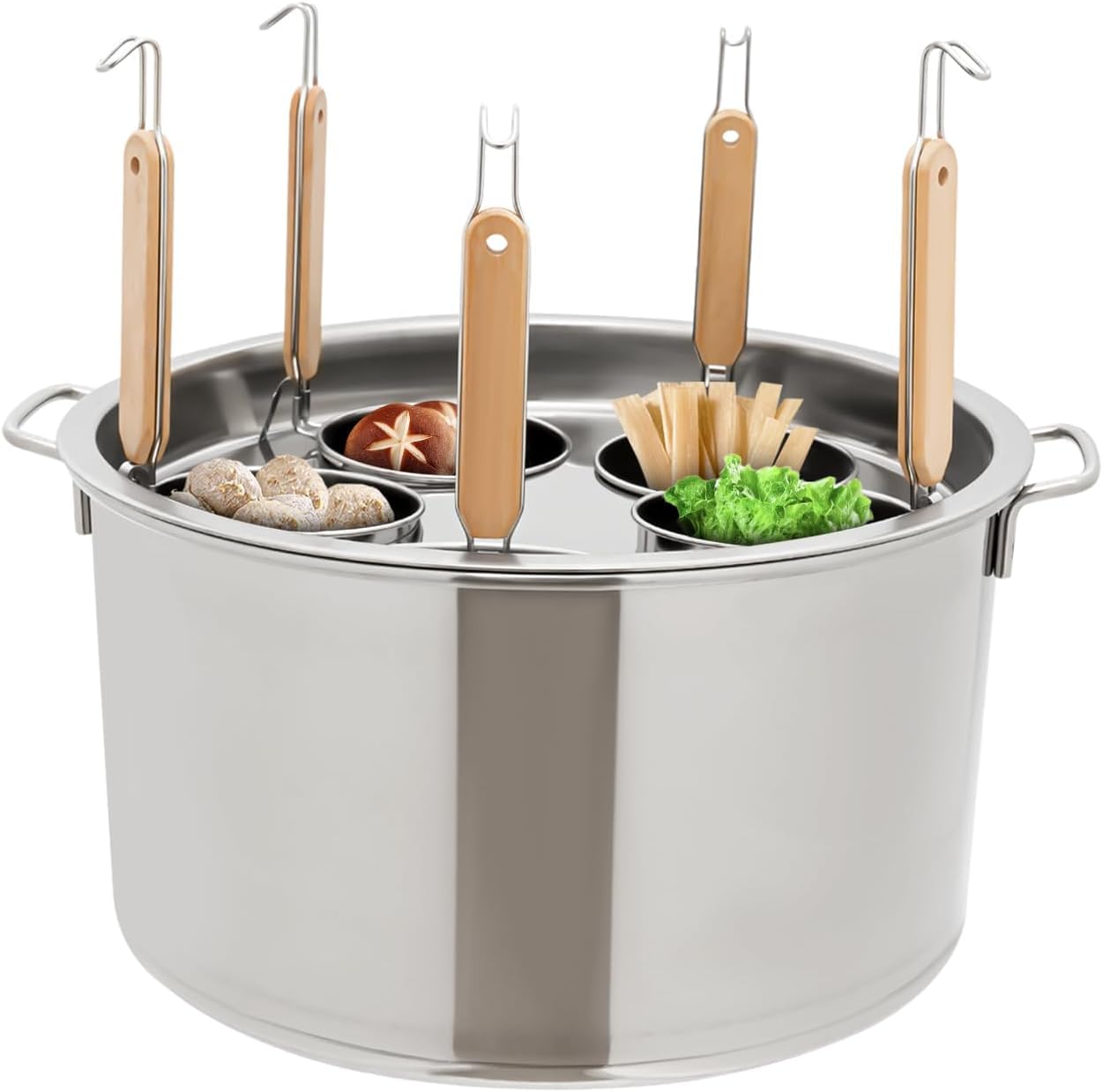 Pasta Cooker Insert Set 5 Holes 201 Stainless Steel Round Insert Strainer Basket Cookware, Compact Pasta Cooker Pot With Pasta Pot Stand & 5 Insert Strainer Baskets Lid for Restaurants,37L/39qt