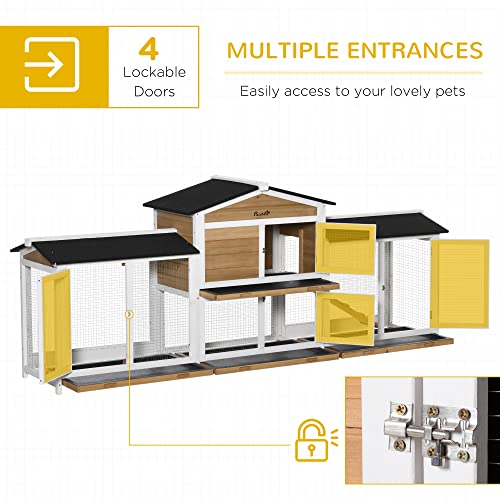 PawHut 90.5" Wooden Rabbit Hutch Bunny Cage Pet Playpen House Enclosure with Double Side Run Boxes, No Leak Tray, Ramp, for Guinea Pig and Small Animals, White