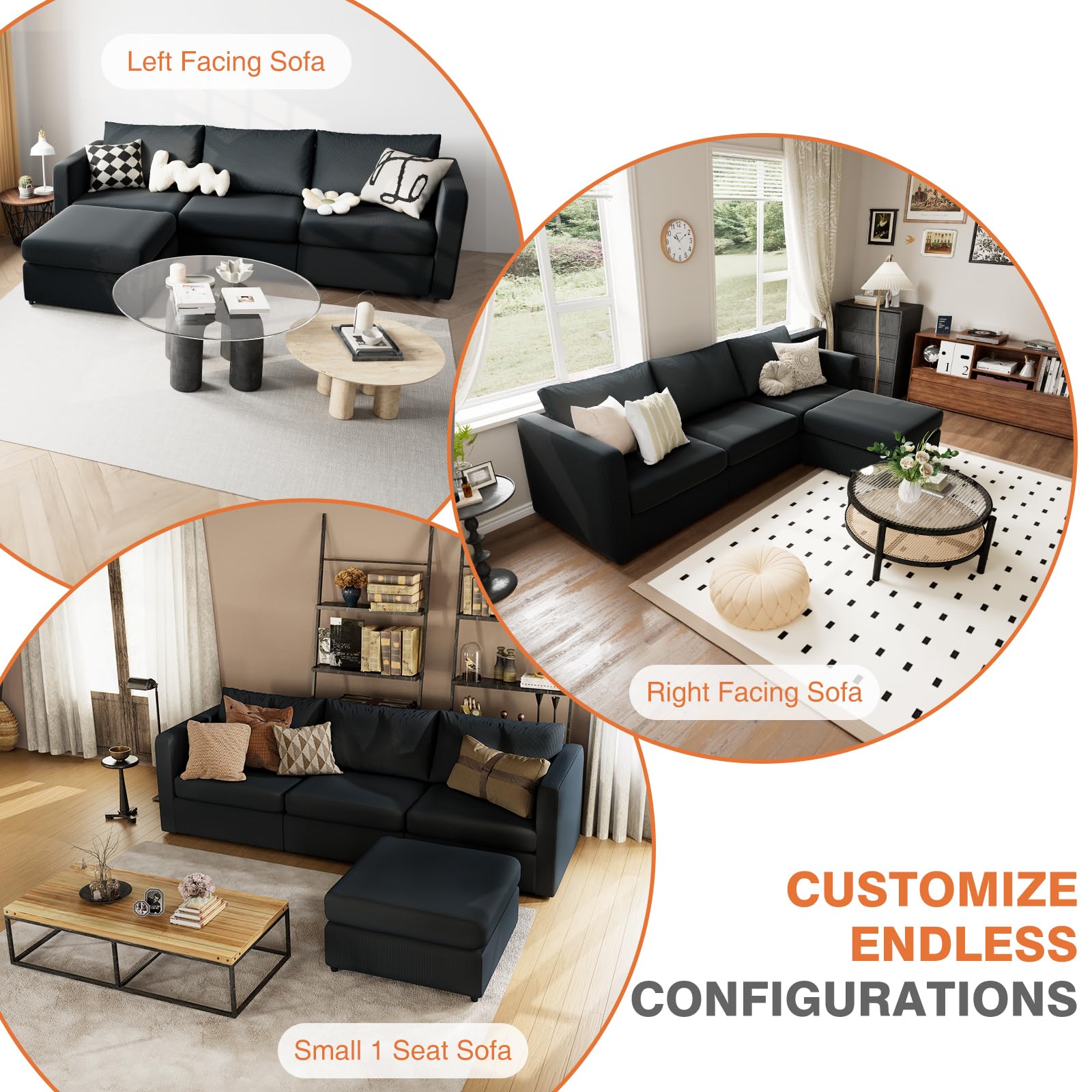 Sweetcrispy SF-1-M01-0227 Sectional Couches for Living Room, 4-Seat Sofa, Dark Grey