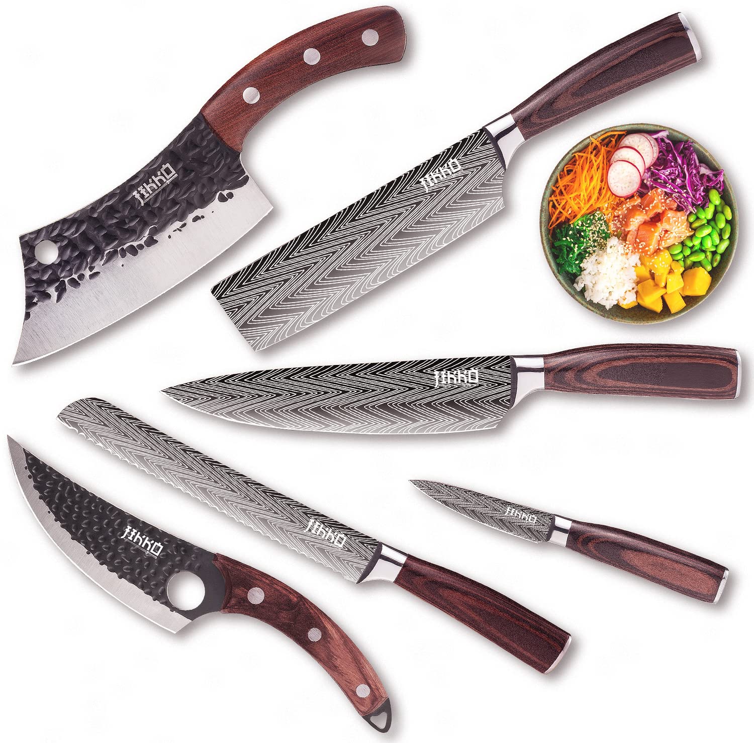 JIKKO New 67 Layers Carbon Steel Japanese Kitchen Knife Set - DiamondRazor Series - Mahogany and Walnut Wood Handles - Chef's Knives with Exceptional Sharpness - HRC60 Approved