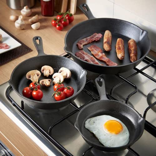 Jim Beam Su Set of 3 Pre-Seasoned Cast Iron Skillet Set | Heavy-Duty Construction for Superior Heat Retention & Even Cooking,6 1/4,7 3/4,9 3/4 , Black