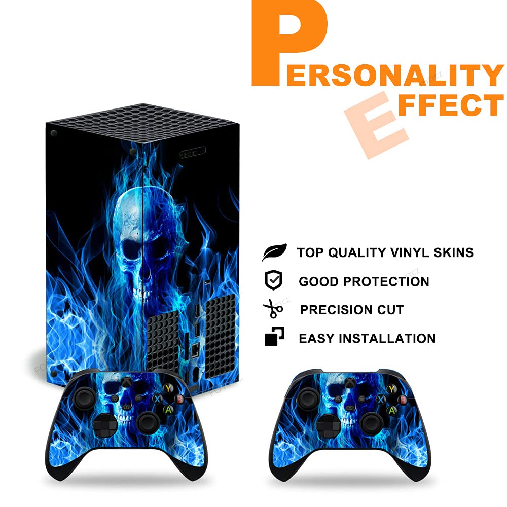 FOTTCZ Vinyl Skin for Xbox Series X Console and Controllers, Sticker Decal Protect Xbox Series X Devices - Blue Flame Skull