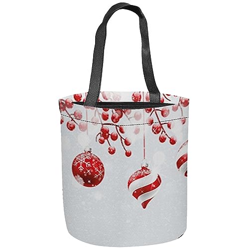 Fubido Christmas Print, Halloween Trick or Treat Bags,Traditional Design Berry Branches with Snow,Candy Bucket Tote Bag,Red White