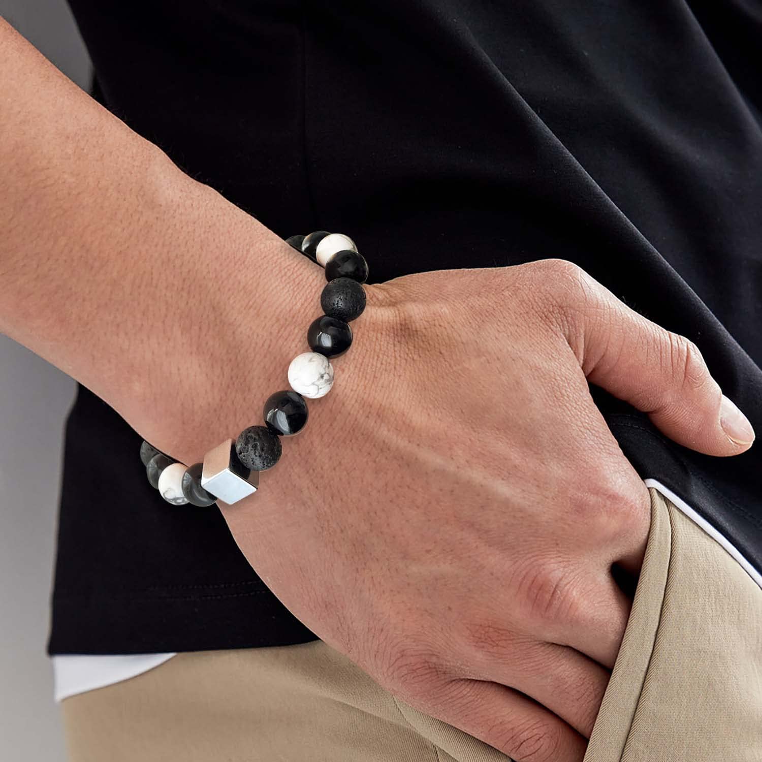 JYUCING Crystal Bracelet Natural Black Onyx Lava White Turquoise Stone Healing Stone 10mm Round Beads Hematite Square Bead Stretch Bracelet 7.2" Unisex
