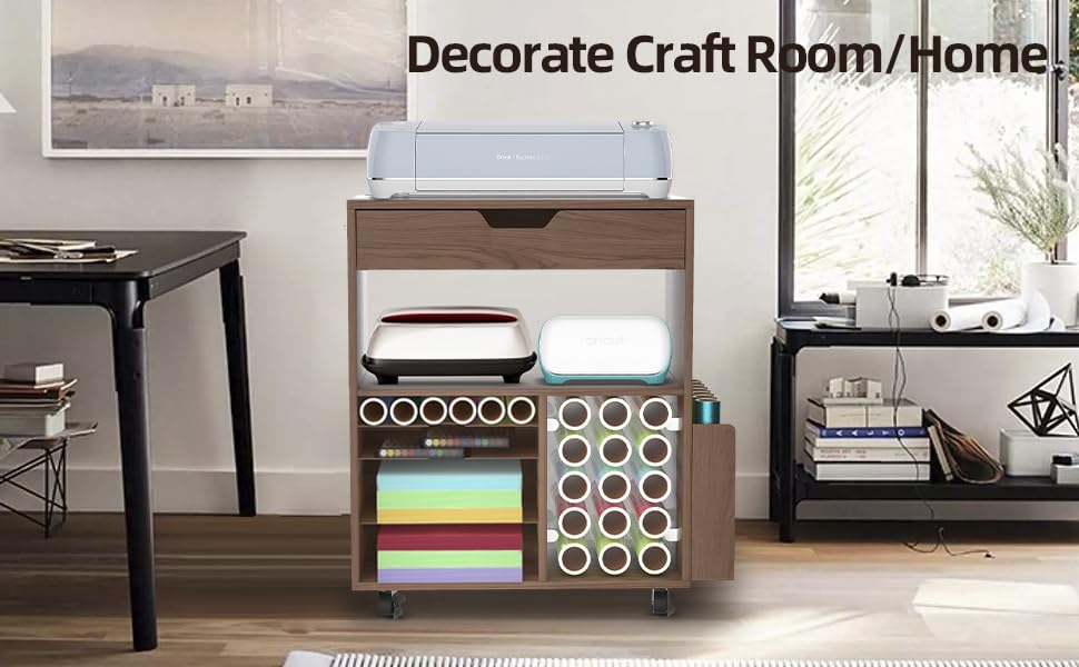 Storage Cart Organizer Compatible with Cricut Machines,Rolling Craft Cart with Extra 12 Vinyl Roll Holders,Crafting Organizer Desk Cabinet Workstation for Craft Room Home