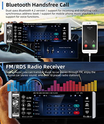 Single Din Car Stereo Support Apple Carplay Android Auto, Podofo 5.1'' IPS Touchscreen Car Radio Video Music Player Bluetooth Audio AUX/USB/FM Voice Assistant Steering Wheel Control Backup Camera