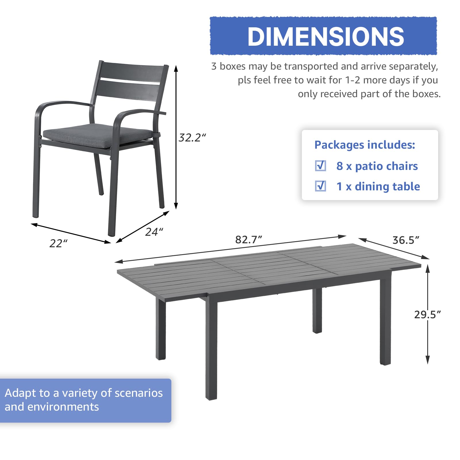 Soleil Jardin 9-Piece Outdoor Patio Dining Set, 59" - 83" Aluminum Expandable Outdoor Dining Table Set for 8, 8 Stackable Chairs with Gray Removable Cushions, Dark-Grey