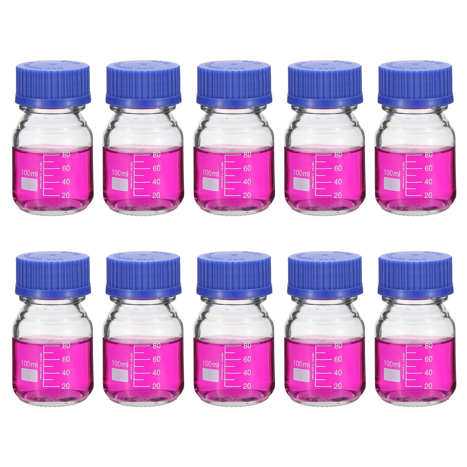 PATIKIL 10 Pack Reagent Media Storage Bottles, 100ml Borosilicate Glass Graduated Round Bottles with GL32 Blue Screw Cap for Lab Water Reagent Liquids, Clear