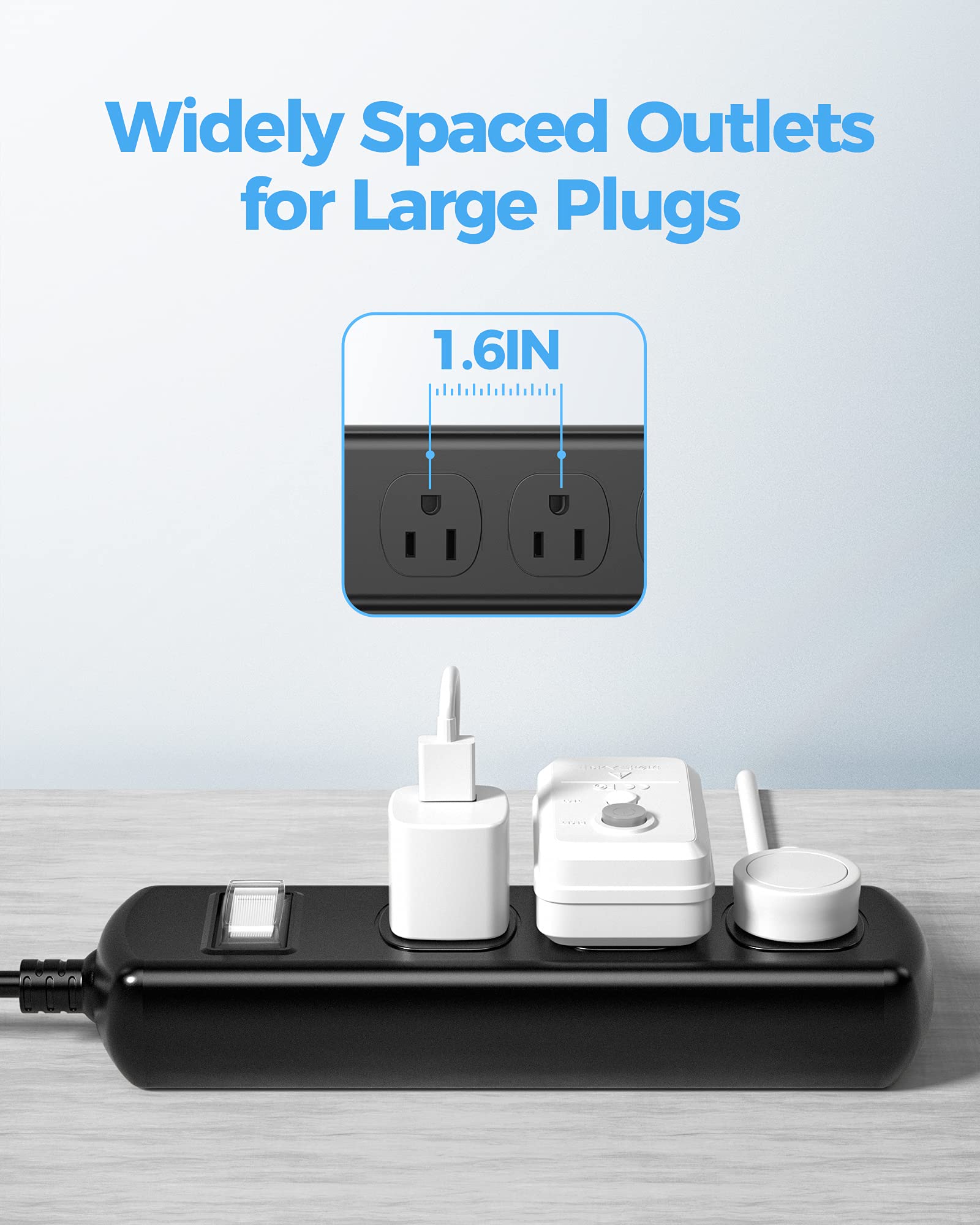 Outdoor Power Strip Weatherproof, 6 FT Extension Cord, Waterproof Surge Protector with 3 Wide Outlets, 1875W Overload Protection, Shockproof Outlet Extender for Kitchen Patio Christmas Lights, Black