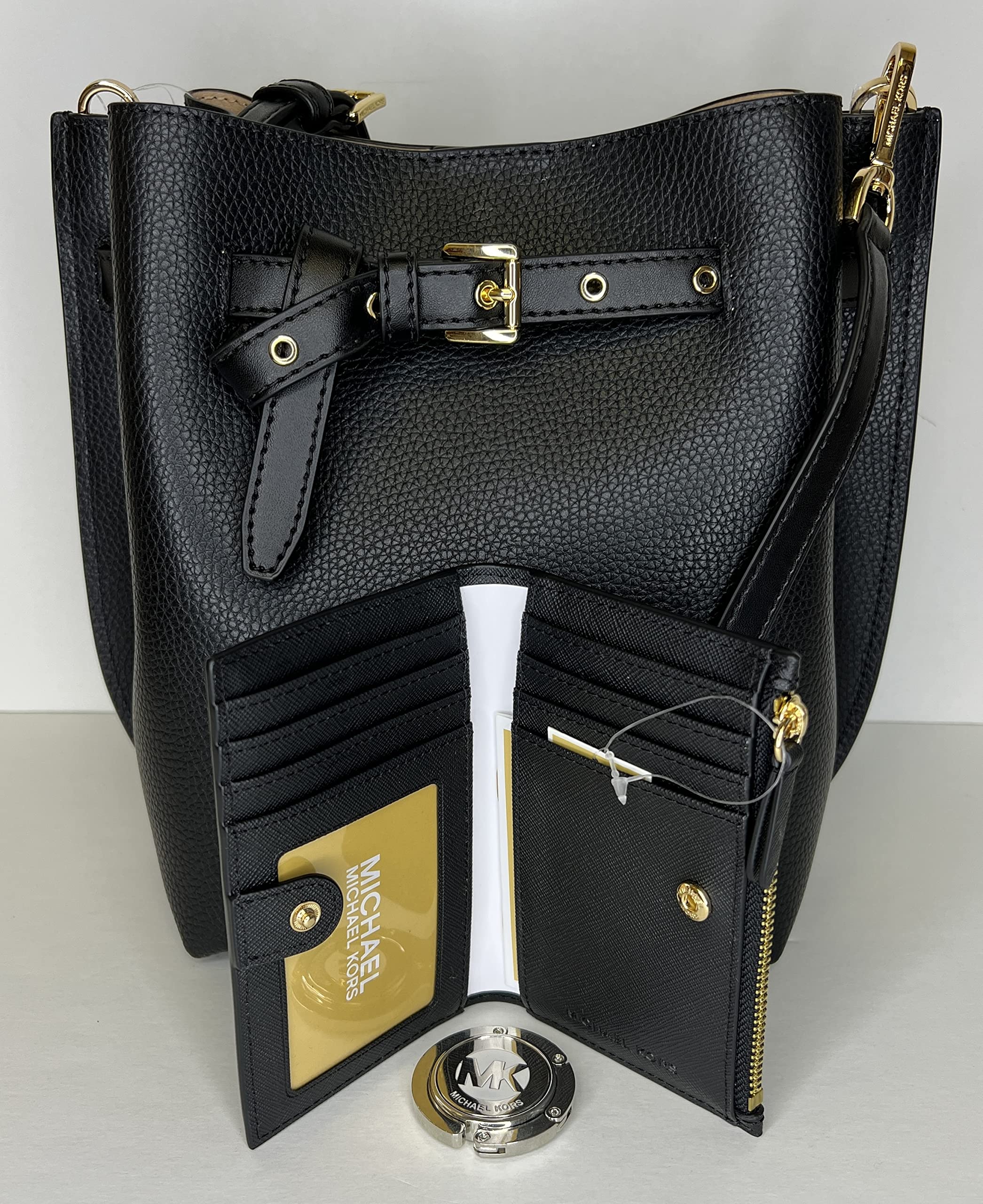 Michael Kors MICHAEL Michael Kors Emilia SM Bucket Bag Messenger Crossbody bundled with SM Zip Card Case Purse Hook (Black)