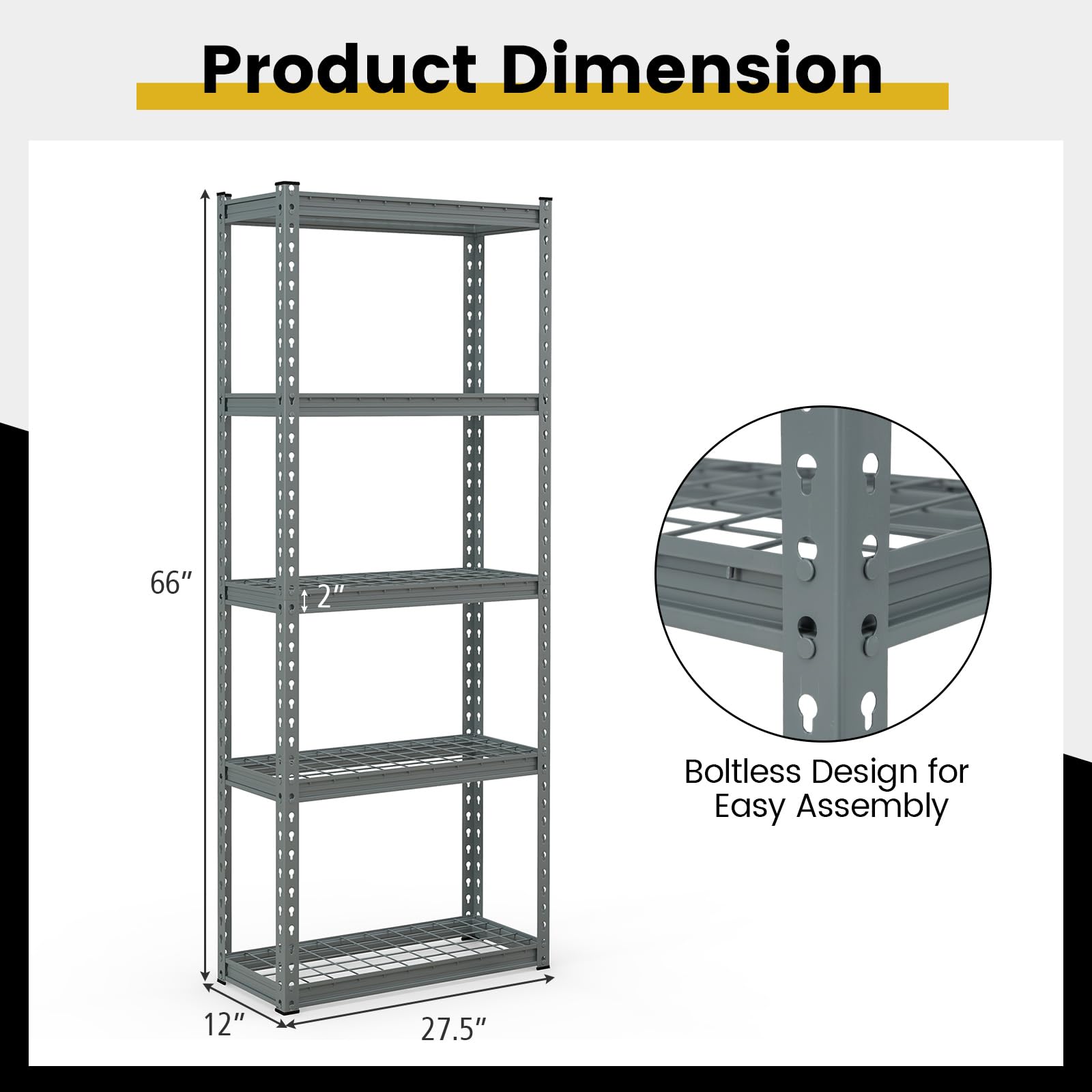 Tangkula 5-Tier Garage Storage Shelves, Heavy Duty Metal Storage Shelving Unit, Adjustable Utility Storage Rack Organizer for Warehouse Kitchen Pantry Basement, 27.5" L x 12" W x 66" H (1, Gray)