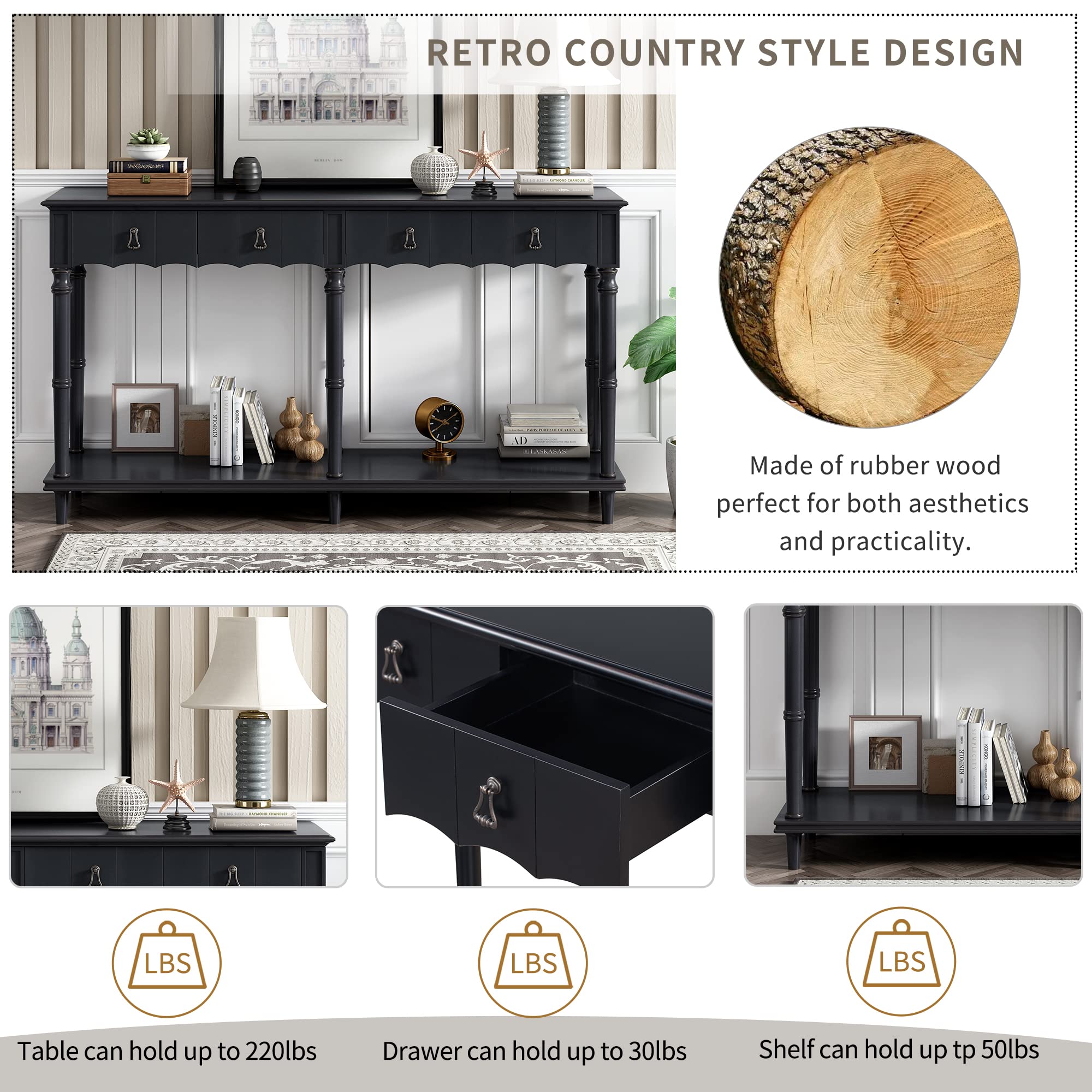 Fuhomtre Modern Console Table with Drawers, Sofa Table, Black Wood Entryway Table, for Couch Hallway Living Room Bedroom Foyer with 4 Front Facing Storage Drawers and 1 Sh