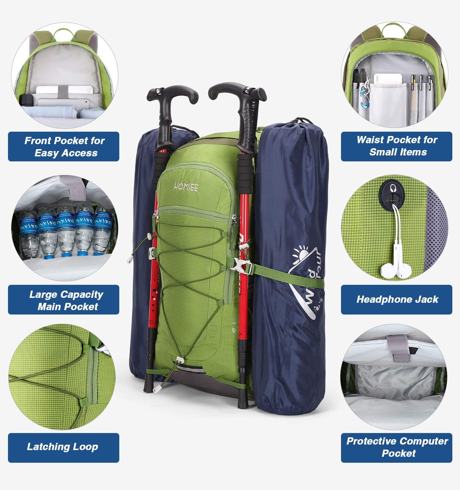 HOMIEE 45L Hiking Backpack Lightweight Travel Backpack Outdoor Camping Daypack for Men Women