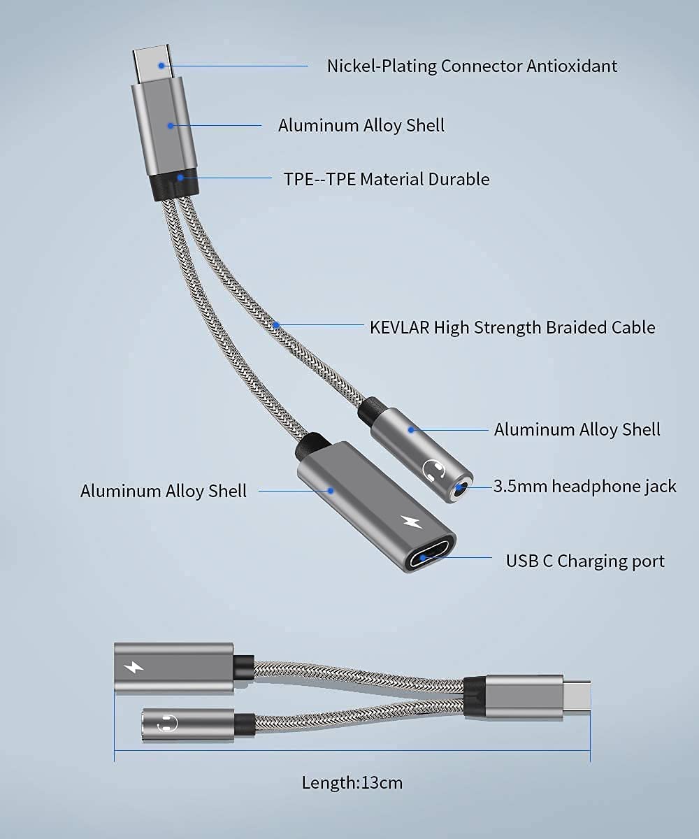 Feipu USB C to 3.5mm Headphone and Charger Adapter, 2 in 1 Jack Adapter Hi-Res DAC Fast Charging Dongle Cord Compatible with Google Pixel 5 4 3 XL, Galaxy S21/S21+ Note 10/20, Gray
