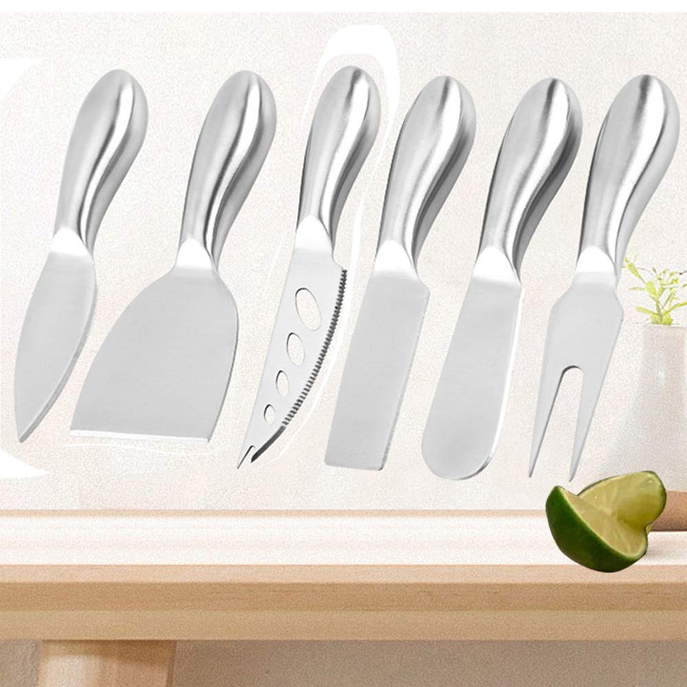 LGUIY Cheese Knives, 6-Piece Cheese Knife Set Stainless Steel Cheese Knife with Exquisite Box Cheese Slicer Cutters Fork for Pizza Cake Cheese Butter - Gift Ready