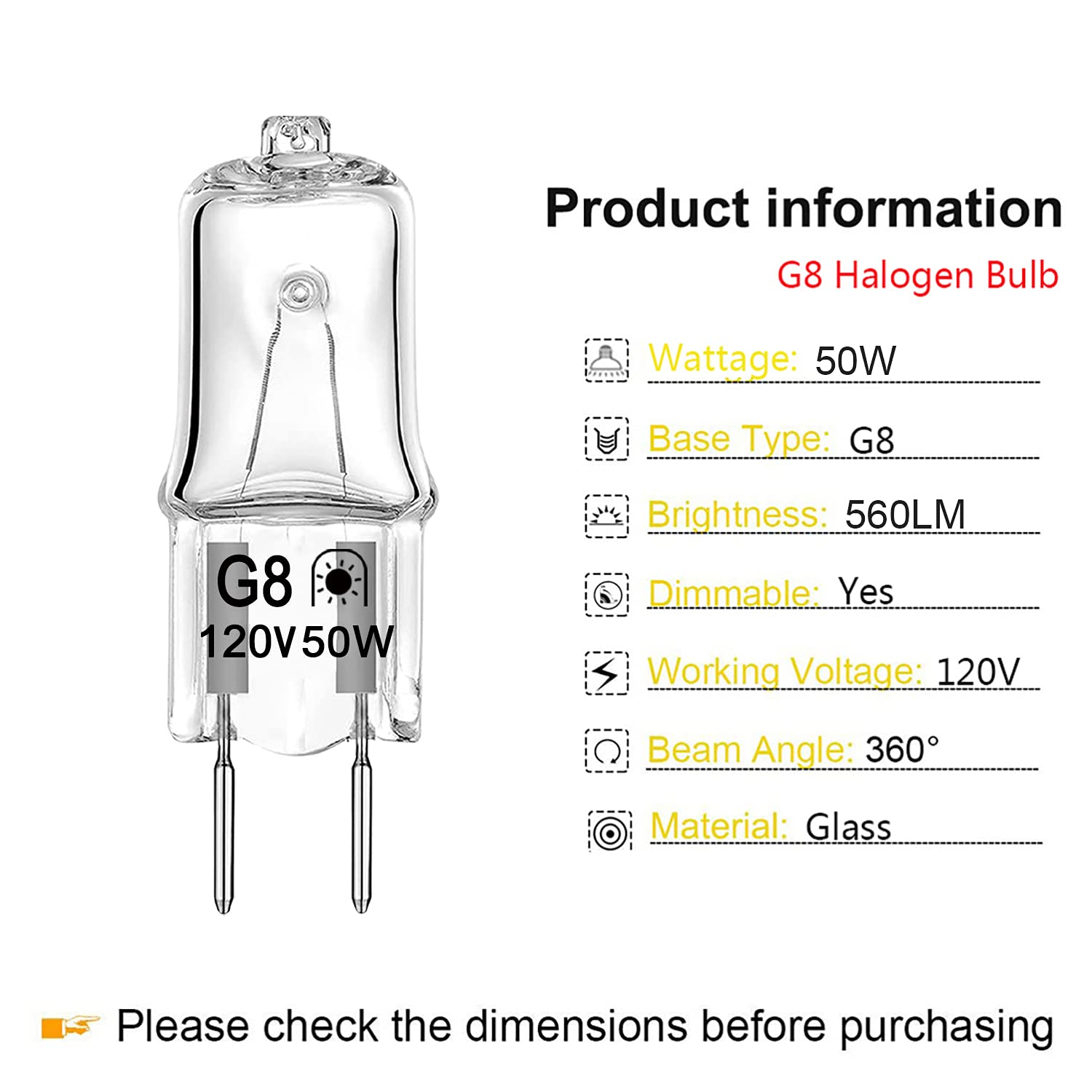 G8 Halogen Light Bulb 50W 120V T4 JCD Type G8 Bi-Pin Base Dimmable G8 Small Light Bulbs for Kitchen Hood, Landscape Lights, Desk and Floor Lamps, Wall Sconces, Warm White 2700K (12 Pack)