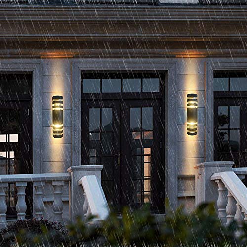 Outdoor Wall Sconce Porch Cylinder Light, Modern Exterior Up and Down Wall Light Waterproof with Aluminum of Matte Black Finish and Toughened Glass for Patio, Garage, E27 Base