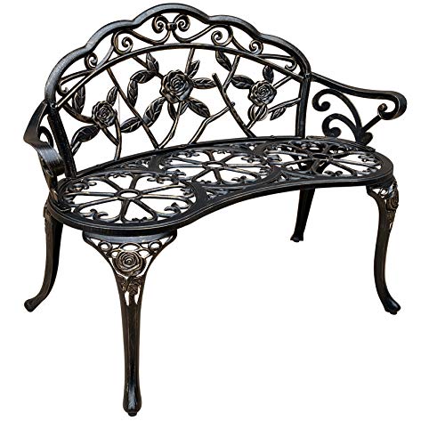 Outrora Garden Bench, Metal Park Bench Cast-Aluminum Outdoor Benches Front Porch Outdoor Furniture with Floral Rose for Patio, Park, Lawn, Yard(Copper)