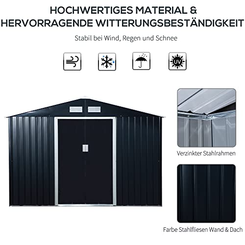 Outsunny 9' x 6' Outdoor Storage Shed, Garden Tool House with Foundation, 4 Vents and 2 Easy Sliding Doors for Backyard, Patio, Garage, Lawn, Dark Gray