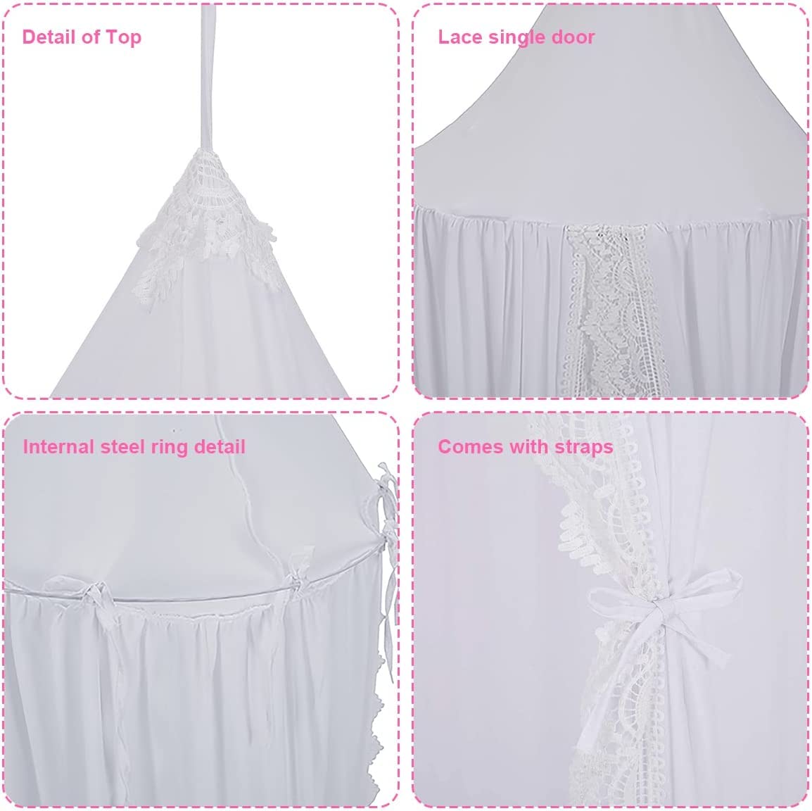 LImiLI Bed Canopy for Girls and Kids Hanging Mosquito Net for Baby Crib Nook Castle Game Tent Nursery Play Room Decor (White)