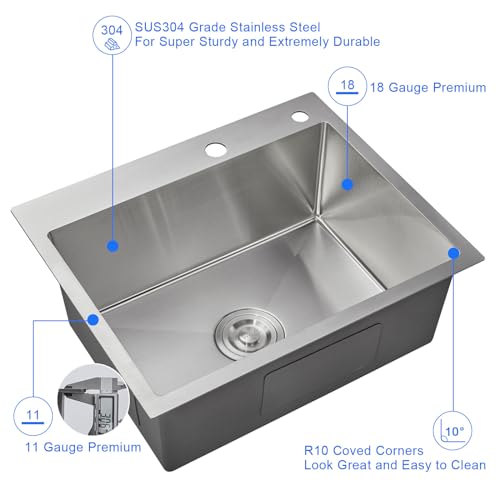 MENATT 20-inch Drop in Kitchen Sink, SUS304 Stainless Steel Top-Mount Handmade Kitchen rv Sink, Single Bowl Sink with Basket Strainer, 20"*16"*9" (Brushed)