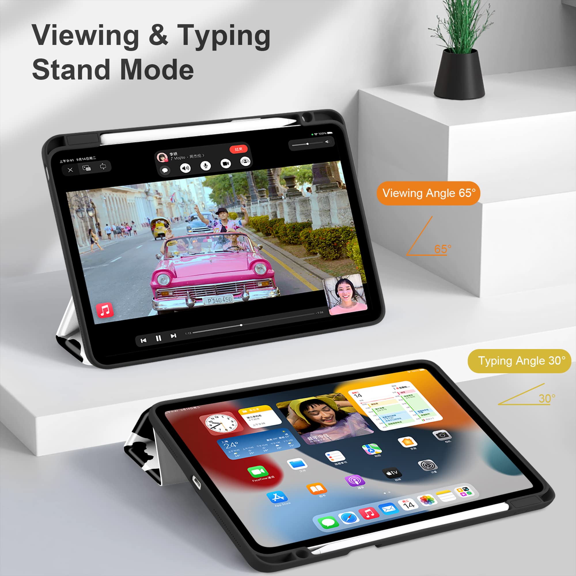 MEEgoodo for iPad 10th Generation Case 10.9 inch 2022, Tablet Cases with Clear Back & TPU Shockproof Frame Cover, Kids Shell with Trifold Stand+Pencil Holder+Auto Wake/Sleep, Black & White Piebald