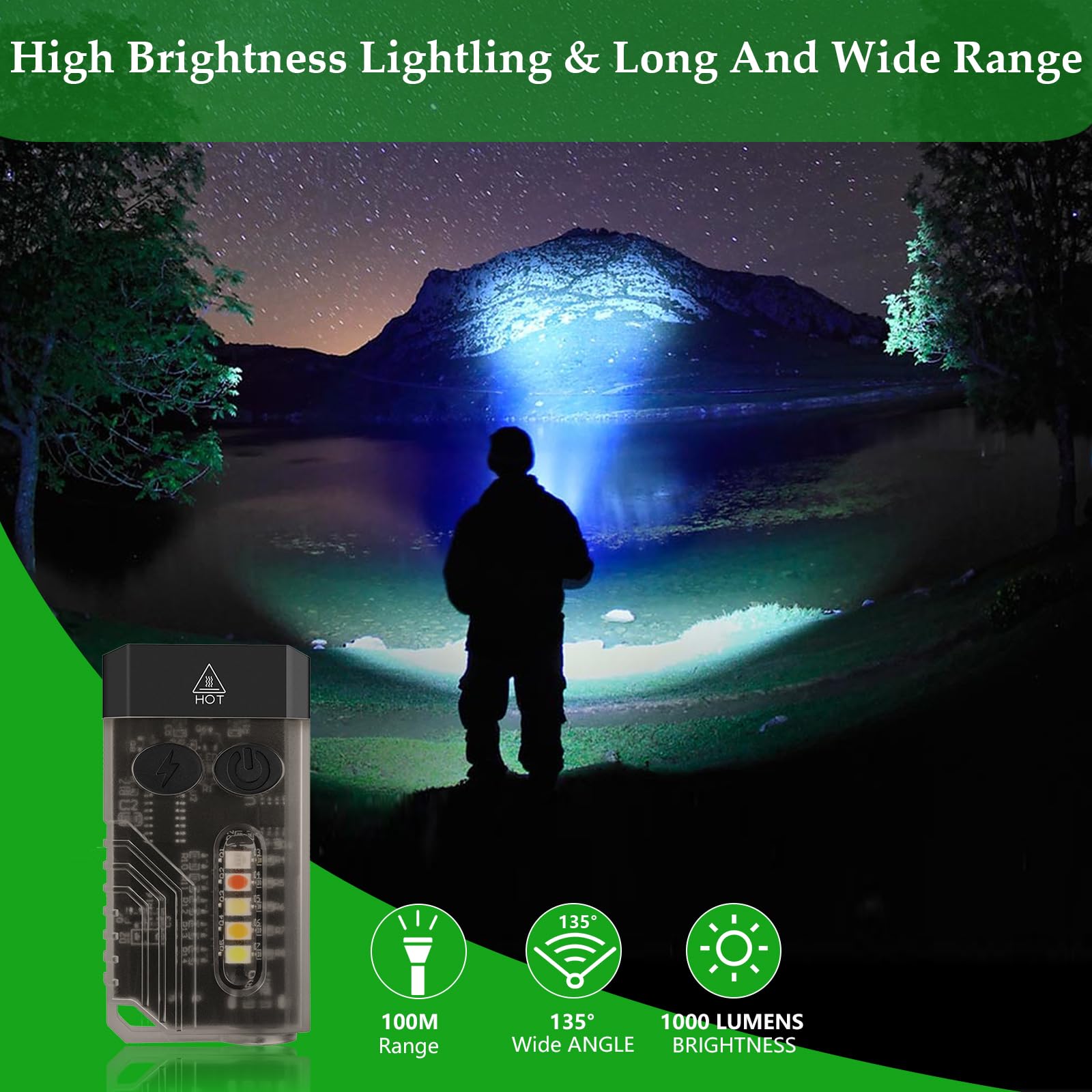 Hisim Mini Powerful Keychain Bright 1000 Lumens EDC Flashlight with 14 Lighting Modes, 365NM UV Light COB Side Light IPX4 Pocket Tail Magnet Buzzer Alarm Rechargeable Flashlight Black