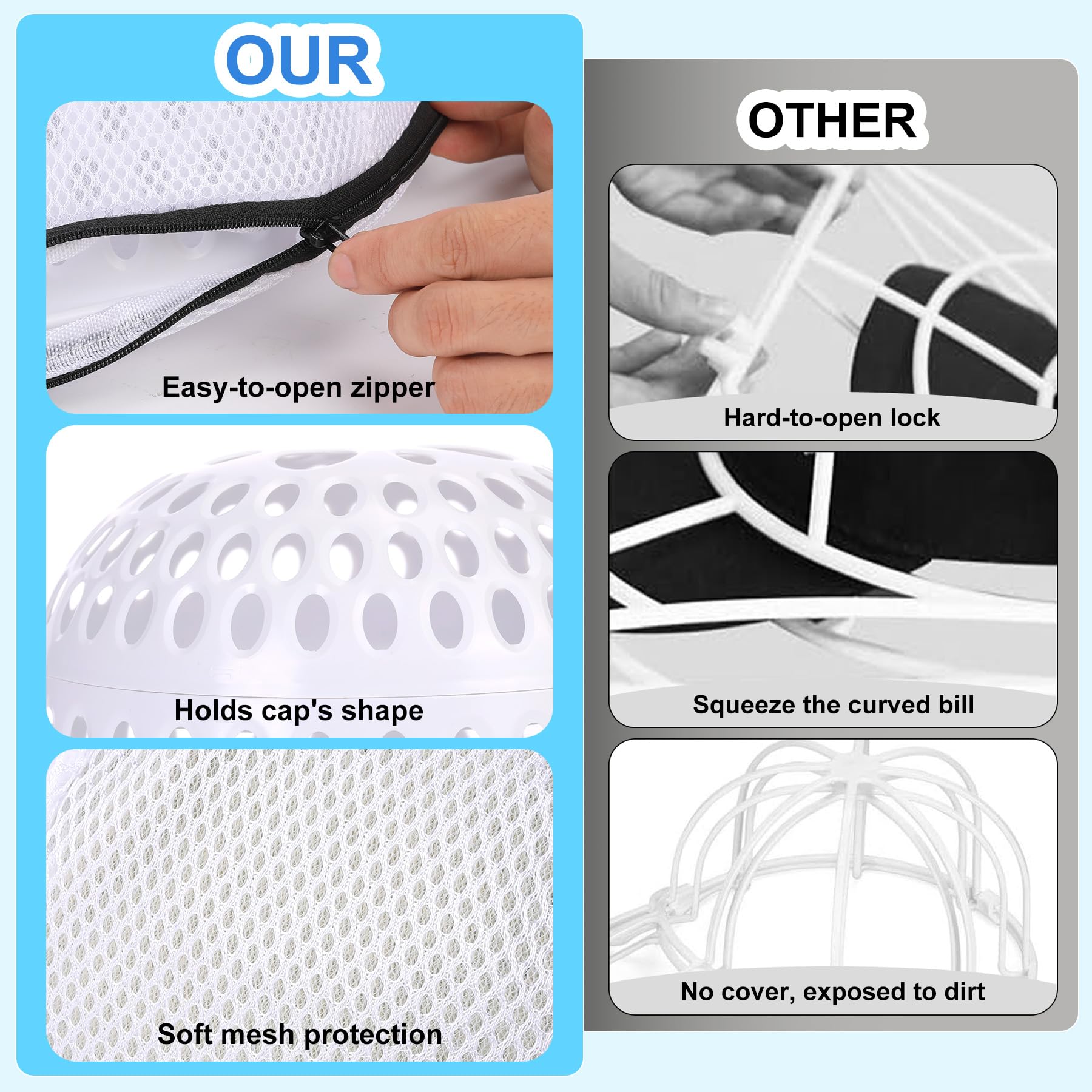 Rihogar Hat Washer Cage Hat Cleaner, Baseball Cap Washing Cage, Hat Washer for Washing Machine Fit for Adult and Kids' Caps, Including Hat Rack, 2 Pack White