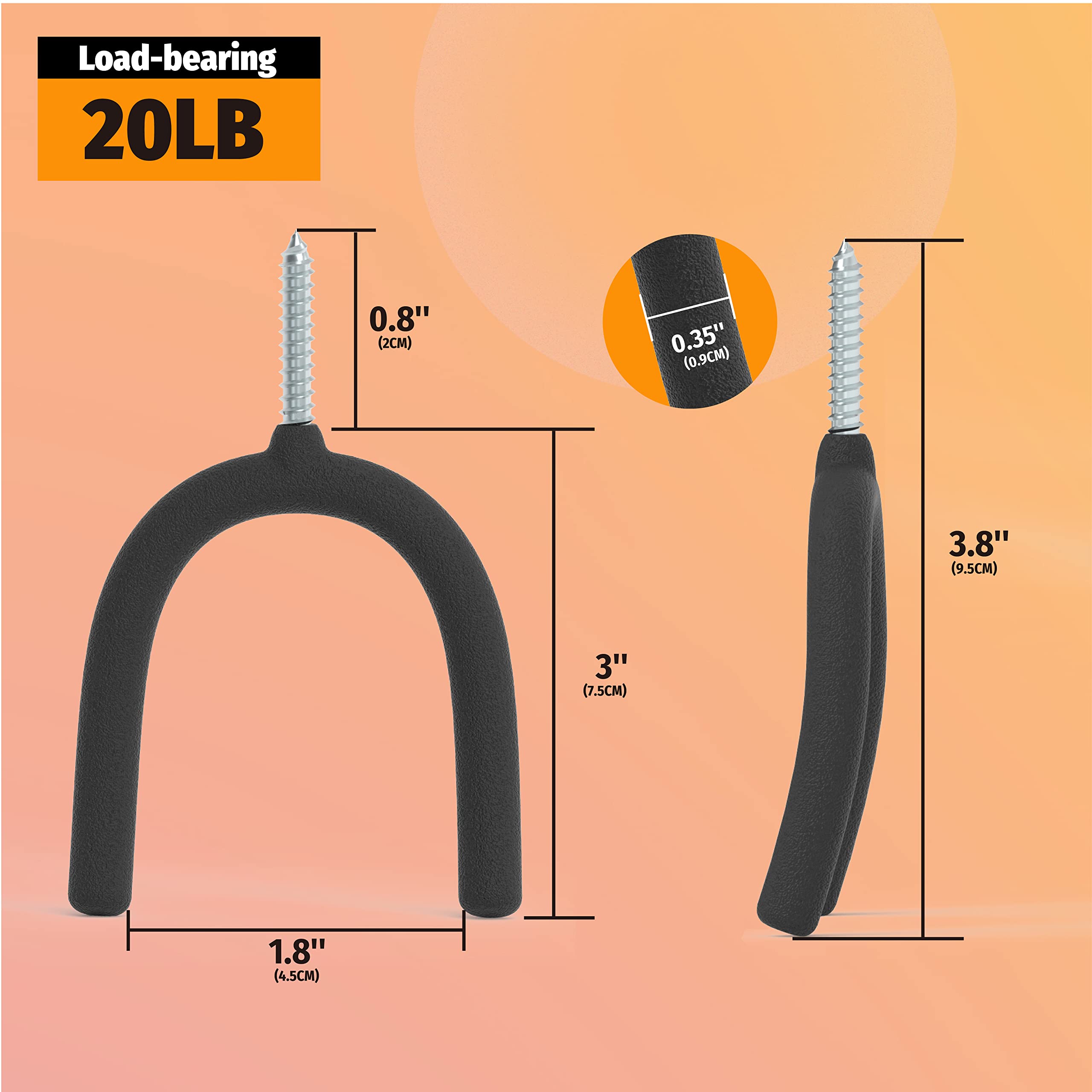 HUHOLE Screw in U Hook, Black, 16PC, Shovel Holder Wall Mount, U Hooks for Hanging Garden Tools